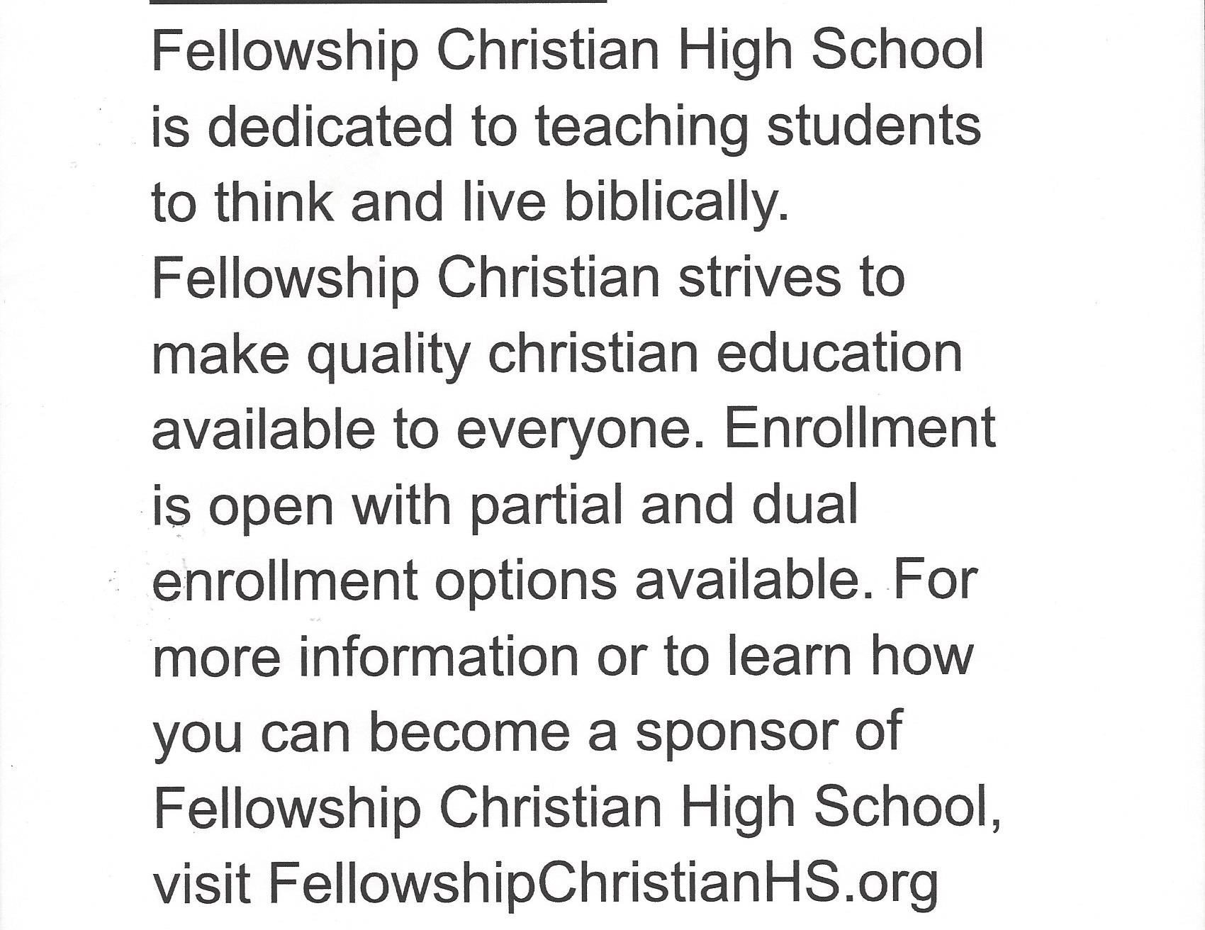 Fellowship Christian High School – Open Enrollment – Partial and Dual ...