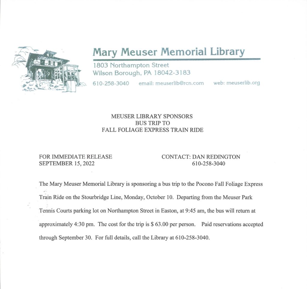 Meuser Library Sponsors a Bus Trip to Fall Foliage Express Train Ride ...
