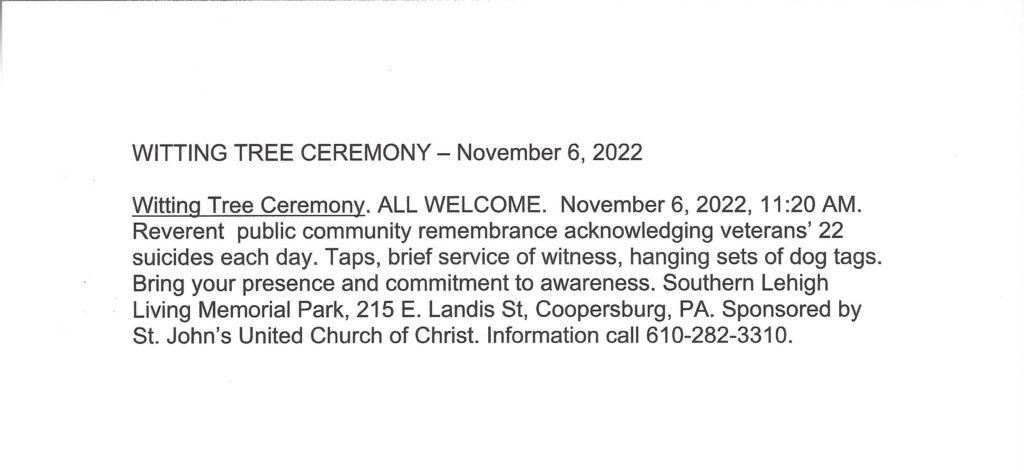 Witting Tree Ceremony – November 6, 2022 at 11:20 am at Southern Lehigh ...